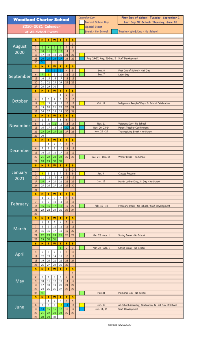 2020-2021 WCS Calendar - Woodland Charter School